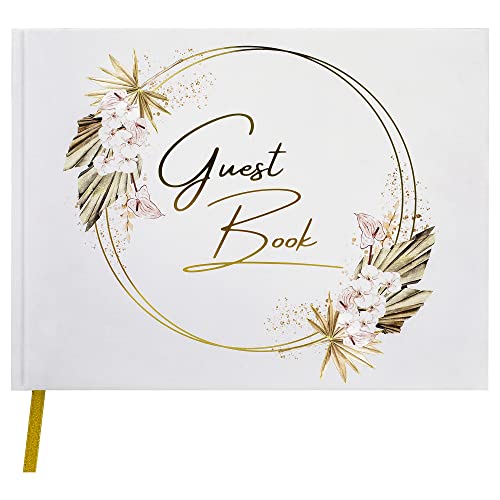 fusuu Wedding Guest Book – 120-Pages Guestbook for Wedding – White Boho Wedding Book with Orchid Flower Design and Embossed Gold Foil – Sign-in Wedding Planner Book for Wedding Reception