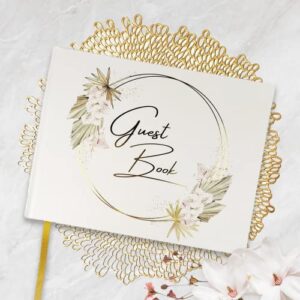 fusuu Wedding Guest Book – 120-Pages Guestbook for Wedding – White Boho Wedding Book with Orchid Flower Design and Embossed Gold Foil – Sign-in Wedding Planner Book for Wedding Reception