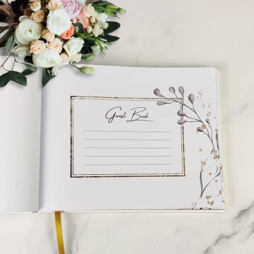 fusuu Wedding Guest Book – 120-Pages Guestbook for Wedding – White Boho Wedding Book with Orchid Flower Design and Embossed Gold Foil – Sign-in Wedding Planner Book for Wedding Reception