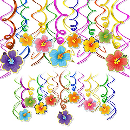 HOWAF 30 Pcs Hawaiian Tropical Luau Birthday Party Hanging Swirls Hibiscus Swirls Flower Foil Swirl Decorations Ceiling Decorations for Tiki Cocktail Beach Summer Party Decoration Supplies