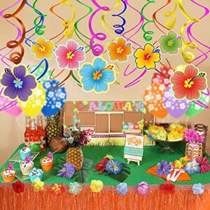 HOWAF 30 Pcs Hawaiian Tropical Luau Birthday Party Hanging Swirls Hibiscus Swirls Flower Foil Swirl Decorations Ceiling Decorations for Tiki Cocktail Beach Summer Party Decoration Supplies