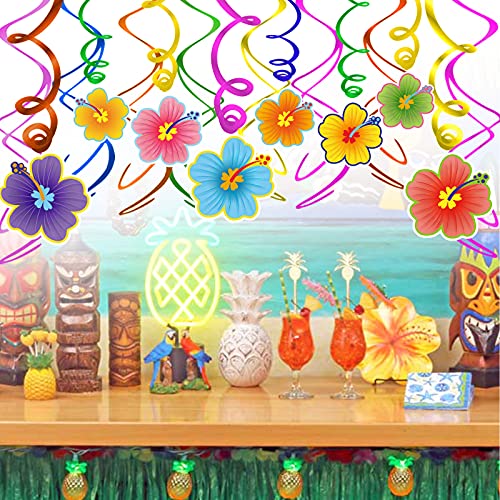 HOWAF 30 Pcs Hawaiian Tropical Luau Birthday Party Hanging Swirls Hibiscus Swirls Flower Foil Swirl Decorations Ceiling Decorations for Tiki Cocktail Beach Summer Party Decoration Supplies