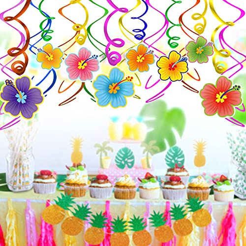 HOWAF 30 Pcs Hawaiian Tropical Luau Birthday Party Hanging Swirls Hibiscus Swirls Flower Foil Swirl Decorations Ceiling Decorations for Tiki Cocktail Beach Summer Party Decoration Supplies