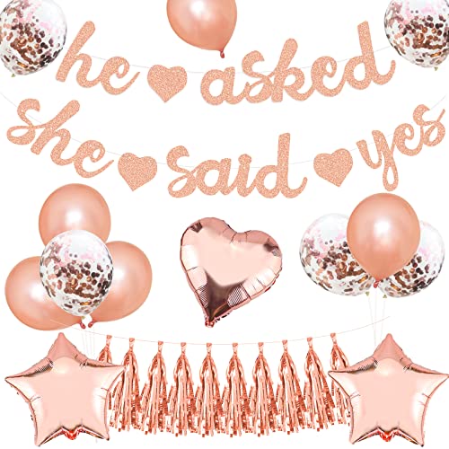 Rose Gold Bachelorette Party Decorations,He Asked She Said Yes Banner,Confetti Latex Balloons,Heart & Star Shaped Foil Balloon,Metallic Foil Tassel Garland for Wedding Bridal Shower Engagement Party