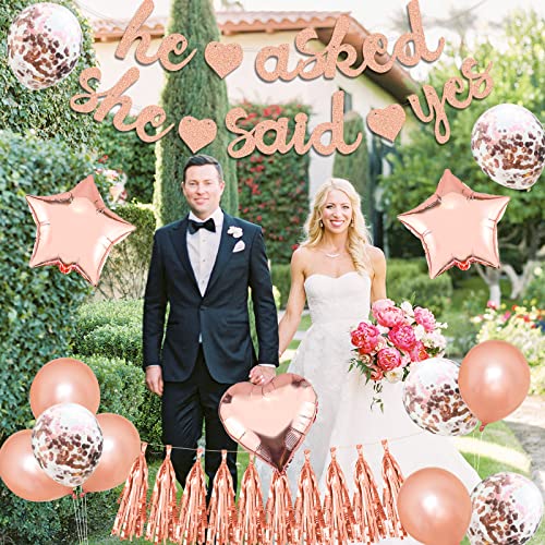 Rose Gold Bachelorette Party Decorations,He Asked She Said Yes Banner,Confetti Latex Balloons,Heart & Star Shaped Foil Balloon,Metallic Foil Tassel Garland for Wedding Bridal Shower Engagement Party