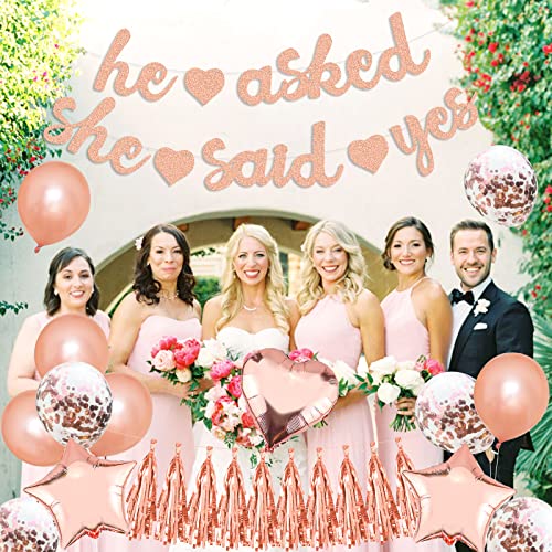 Rose Gold Bachelorette Party Decorations,He Asked She Said Yes Banner,Confetti Latex Balloons,Heart & Star Shaped Foil Balloon,Metallic Foil Tassel Garland for Wedding Bridal Shower Engagement Party