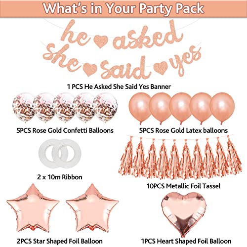 Rose Gold Bachelorette Party Decorations,He Asked She Said Yes Banner,Confetti Latex Balloons,Heart & Star Shaped Foil Balloon,Metallic Foil Tassel Garland for Wedding Bridal Shower Engagement Party