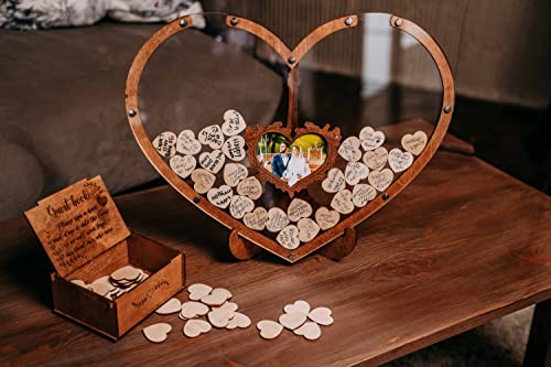 Wedding Guest Book Alternative, Drop Top Frame with Photo, Rustic Wedding, Guest Book Sign, Wooden Box with Hearts - 80 pcs, Shadow Box for Wedding, Baby Shower, Anniversary (Oak-Transparent)