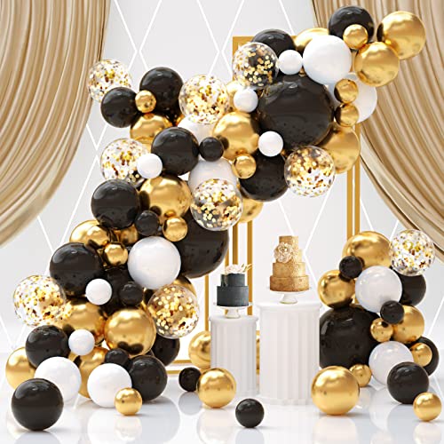 Black and Gold Balloons Garland Kit, 100pcs Black White Gold Confetti Latex Balloons for Party Decorations Graduation Wedding Birthday Baby Shower