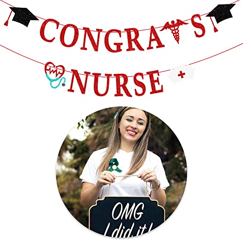 2023 Nurse Graduation Banner, Glittery Congrats Nurse Banner RN Garland Photo Props Banner for Party Home Classroom Decorations