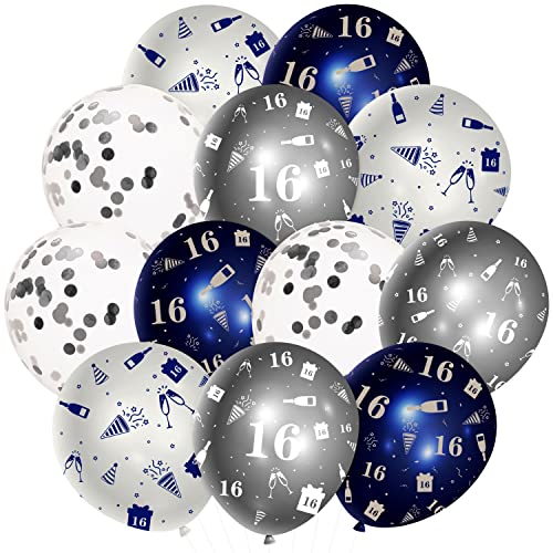 WATINC 36Pcs 16th Navy Blue and Silver Latex Balloons for Teens Boys Girl, 16 Year Old Birthday Confetti Balloon Party Decor, Anniversary Party Photography Backdrop Favor Supplies Decoration (12 Inch)