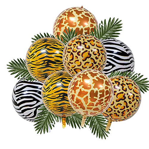 22 Inches Large Animal Print Foil Balloons 4D Wild Mylar Balloon Zebra Stripe Liners Cheetah Safari Zoo Animals Party Decorations Supplies for Jungle Theme Baby Shower Birthday Party, 8 Pieces