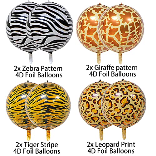 22 Inches Large Animal Print Foil Balloons 4D Wild Mylar Balloon Zebra Stripe Liners Cheetah Safari Zoo Animals Party Decorations Supplies for Jungle Theme Baby Shower Birthday Party, 8 Pieces