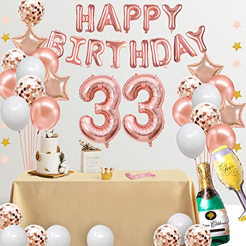 Fancypartyshop 33rd Birthday Decorations - Rose Gold Happy Birthday Banner and Sash with Number 33 Balloons Latex Confetti Balloons Ideal for Girl and Women 33 Years Old Birthday Rose Gold