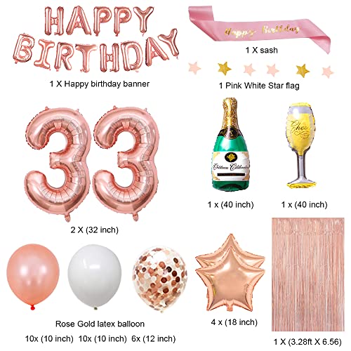 Fancypartyshop 33rd Birthday Decorations - Rose Gold Happy Birthday Banner and Sash with Number 33 Balloons Latex Confetti Balloons Ideal for Girl and Women 33 Years Old Birthday Rose Gold