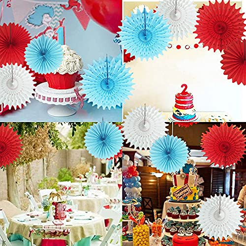 Dr Seuss Cat in the Hat Birthday Party Decorations/Thing 1 Thing 2 Baby Shower Decorations/Airplane/14pcs Blue White Red Tissue Paper Fans Circus Carnival/Nurse Graduation Decorations