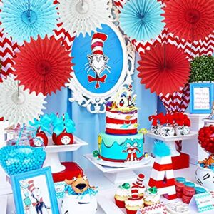 Dr Seuss Cat in the Hat Birthday Party Decorations/Thing 1 Thing 2 Baby Shower Decorations/Airplane/14pcs Blue White Red Tissue Paper Fans Circus Carnival/Nurse Graduation Decorations