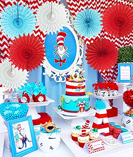 Dr Seuss Cat in the Hat Birthday Party Decorations/Thing 1 Thing 2 Baby Shower Decorations/Airplane/14pcs Blue White Red Tissue Paper Fans Circus Carnival/Nurse Graduation Decorations