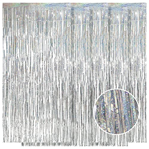 5 Pack Silver Fringe Curtain Backdrop 3.2ft x 8.2ft Metallic Tinsel Foil Fringe Streamers for Photo Booth Props Background Birthday Party Decorations Wedding Christmas Halloween Decorations (Silver)