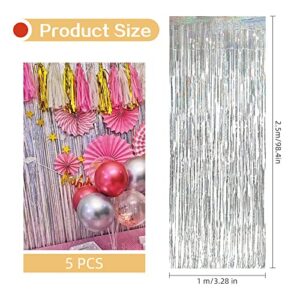 5 Pack Silver Fringe Curtain Backdrop 3.2ft x 8.2ft Metallic Tinsel Foil Fringe Streamers for Photo Booth Props Background Birthday Party Decorations Wedding Christmas Halloween Decorations (Silver)