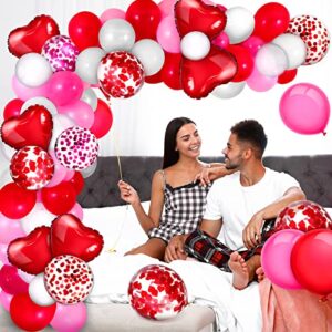 145 pieces valentine’s day balloon garland arch kit include red pink white latex balloons, heart mylar balloons, confetti balloons, tie tools, strip tapes for valentine’s day wedding engagement party supplies