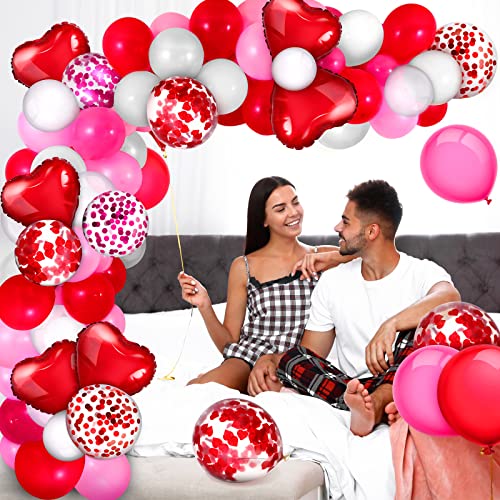 145 Pieces Valentine's Day Balloon Garland Arch Kit Include Red Pink White Latex Balloons, Heart Mylar Balloons, Confetti Balloons, Tie Tools, Strip Tapes for Valentine's Day Wedding Engagement Party Supplies