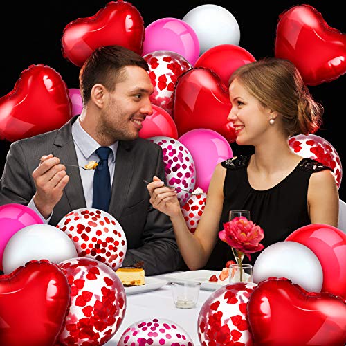 145 Pieces Valentine's Day Balloon Garland Arch Kit Include Red Pink White Latex Balloons, Heart Mylar Balloons, Confetti Balloons, Tie Tools, Strip Tapes for Valentine's Day Wedding Engagement Party Supplies