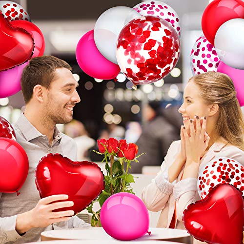 145 Pieces Valentine's Day Balloon Garland Arch Kit Include Red Pink White Latex Balloons, Heart Mylar Balloons, Confetti Balloons, Tie Tools, Strip Tapes for Valentine's Day Wedding Engagement Party Supplies