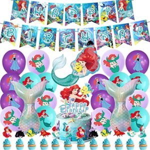 little mermaid birthday party decorations for girls ariel princess birthday party supplies includes happy birthday banner,latex balloons, shaped foil balloons, cake topper, cupcake toppers for girls little mermaid party gift