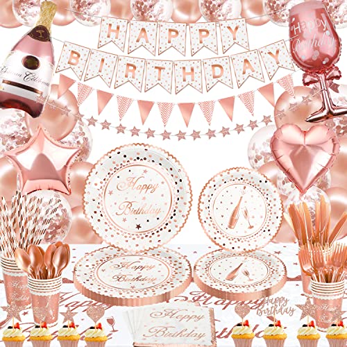 229 Pack Rose Gold & White Party Supplies Rose Gold Birthday Party Decorations Happy Birthday Dinnerware Set Rose Gold Paper Plates, Balloons, Tableclothes, Banner, Garland, Napkin, Cups Serves 20