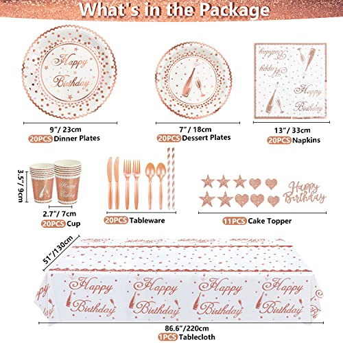 229 Pack Rose Gold & White Party Supplies Rose Gold Birthday Party Decorations Happy Birthday Dinnerware Set Rose Gold Paper Plates, Balloons, Tableclothes, Banner, Garland, Napkin, Cups Serves 20