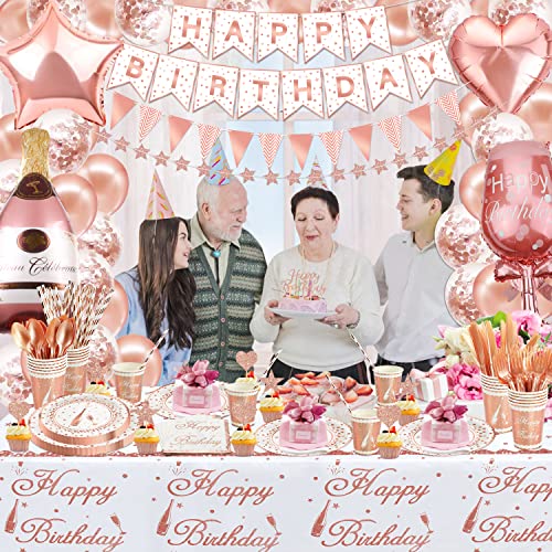 229 Pack Rose Gold & White Party Supplies Rose Gold Birthday Party Decorations Happy Birthday Dinnerware Set Rose Gold Paper Plates, Balloons, Tableclothes, Banner, Garland, Napkin, Cups Serves 20