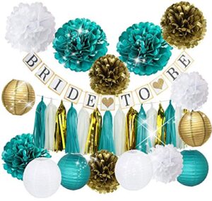 furuix bride shower decorations bride to be banner white teal gold tissue pom pom paper lanterns tassel garland for hen party/bachelorette party decorations kit – bridal shower supplies