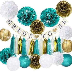 Furuix Bride Shower Decorations Bride to Be Banner White Teal Gold Tissue Pom Pom Paper Lanterns Tassel Garland for Hen Party/Bachelorette Party Decorations Kit - Bridal Shower Supplies