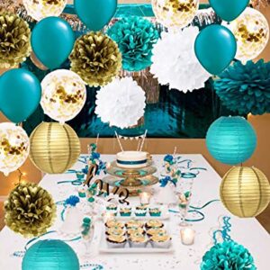 Furuix Bride Shower Decorations Bride to Be Banner White Teal Gold Tissue Pom Pom Paper Lanterns Tassel Garland for Hen Party/Bachelorette Party Decorations Kit - Bridal Shower Supplies