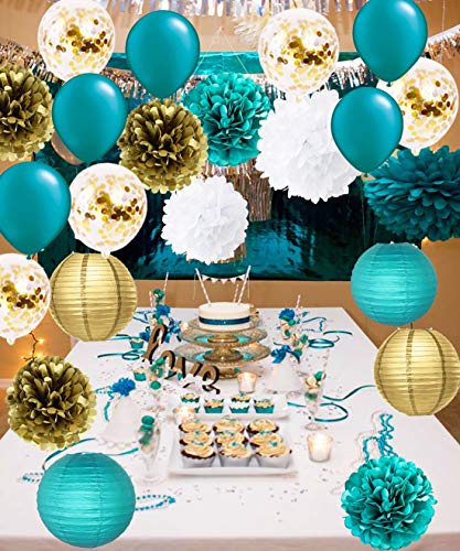 Furuix Bride Shower Decorations Bride to Be Banner White Teal Gold Tissue Pom Pom Paper Lanterns Tassel Garland for Hen Party/Bachelorette Party Decorations Kit - Bridal Shower Supplies