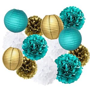 Furuix Bride Shower Decorations Bride to Be Banner White Teal Gold Tissue Pom Pom Paper Lanterns Tassel Garland for Hen Party/Bachelorette Party Decorations Kit - Bridal Shower Supplies