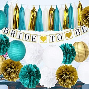 Furuix Bride Shower Decorations Bride to Be Banner White Teal Gold Tissue Pom Pom Paper Lanterns Tassel Garland for Hen Party/Bachelorette Party Decorations Kit - Bridal Shower Supplies