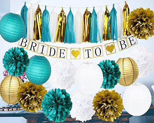 Furuix Bride Shower Decorations Bride to Be Banner White Teal Gold Tissue Pom Pom Paper Lanterns Tassel Garland for Hen Party/Bachelorette Party Decorations Kit - Bridal Shower Supplies