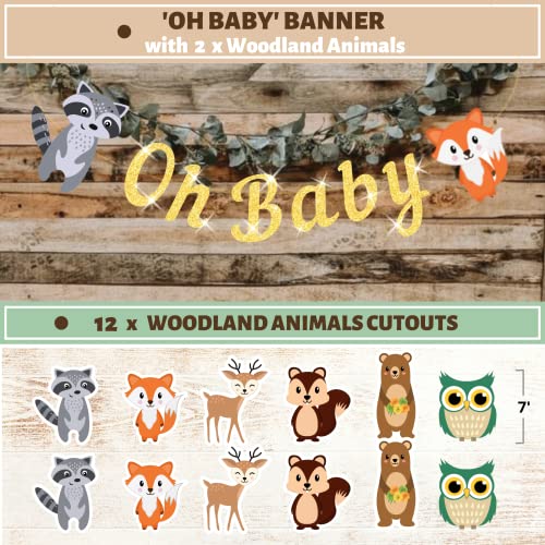 156 pc Woodland Baby Shower Decorations for Boy Kit - Includes Woodland Balloon Arch with Baby Boxes with Letters for Baby Shower, Oh Baby Banner, Animal Balloons, Woodland Creatures Cutouts, Leaf Vines, Table Signs and More - Ideal for Woodland Theme Bab