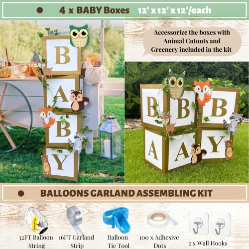 156 pc Woodland Baby Shower Decorations for Boy Kit - Includes Woodland Balloon Arch with Baby Boxes with Letters for Baby Shower, Oh Baby Banner, Animal Balloons, Woodland Creatures Cutouts, Leaf Vines, Table Signs and More - Ideal for Woodland Theme Bab