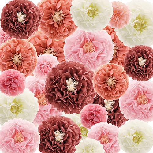 24 Pieces Dusty Rose Tissue Paper Flowers Large 14'' Paper Pom Poms Flowers Decor Paper Puff Flower Ball for Wedding Baby Shower Bachelorette Birthday Party Decoration, 14'' 12'' 10 '' 8'' 6'' 4''