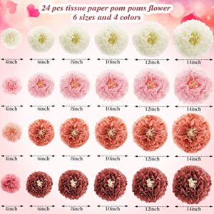 24 Pieces Dusty Rose Tissue Paper Flowers Large 14'' Paper Pom Poms Flowers Decor Paper Puff Flower Ball for Wedding Baby Shower Bachelorette Birthday Party Decoration, 14'' 12'' 10 '' 8'' 6'' 4''