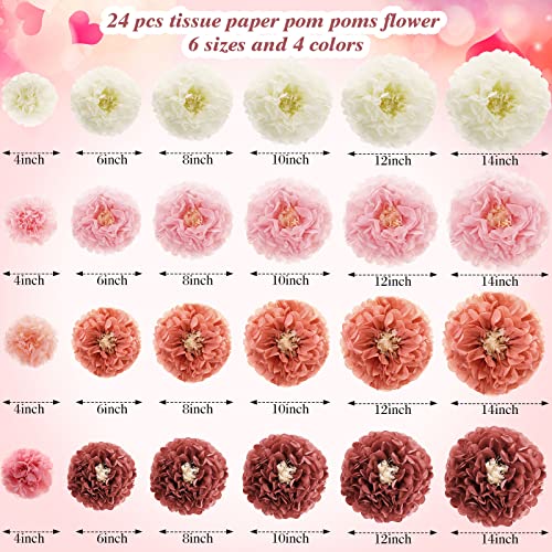 24 Pieces Dusty Rose Tissue Paper Flowers Large 14'' Paper Pom Poms Flowers Decor Paper Puff Flower Ball for Wedding Baby Shower Bachelorette Birthday Party Decoration, 14'' 12'' 10 '' 8'' 6'' 4''