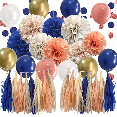 Navy Blue Pink Party Decorations for Women – Bridal Wedding Shower Birthday Gender Reveal Decor with Dusty Balloons and Royal Blue Paper Flower Pom Poms and Garland