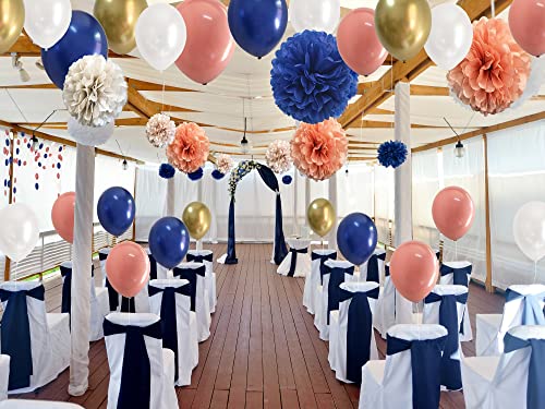 Navy Blue Pink Party Decorations for Women – Bridal Wedding Shower Birthday Gender Reveal Decor with Dusty Balloons and Royal Blue Paper Flower Pom Poms and Garland