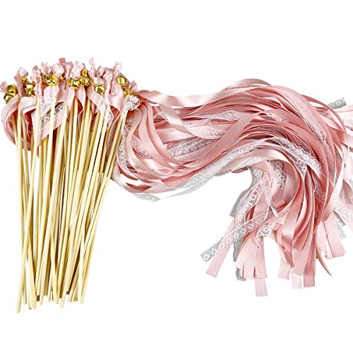 Cieovo 50 Pack Ribbon Fairy Wands Party Sticks Streamers with Bells Fairy Stick Wish Wands for Baby Shower Birthday Wedding-Waving Party Favors Holiday Celebration (Rose Gold)