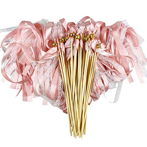 Cieovo 50 Pack Ribbon Fairy Wands Party Sticks Streamers with Bells Fairy Stick Wish Wands for Baby Shower Birthday Wedding-Waving Party Favors Holiday Celebration (Rose Gold)