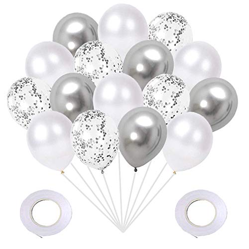 Metallic Silver Pearl White Silver Confetti Balloons Set(60Pack), 12Inch Latex Glitter Balloons Birthday Baby Bridal Shower Wedding Party Decorations