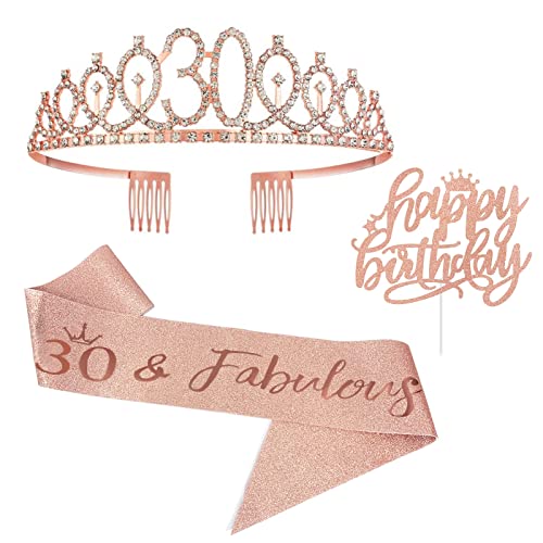 Janinus 30th Birthday Tiara And Sash For Women Rose Gold 30th Birthday Decorations For Her - Rose Gold 30th Birthday Sash, Crown/Tiara and Birthday Cake Toppers 30th Birthday Gifts For Her